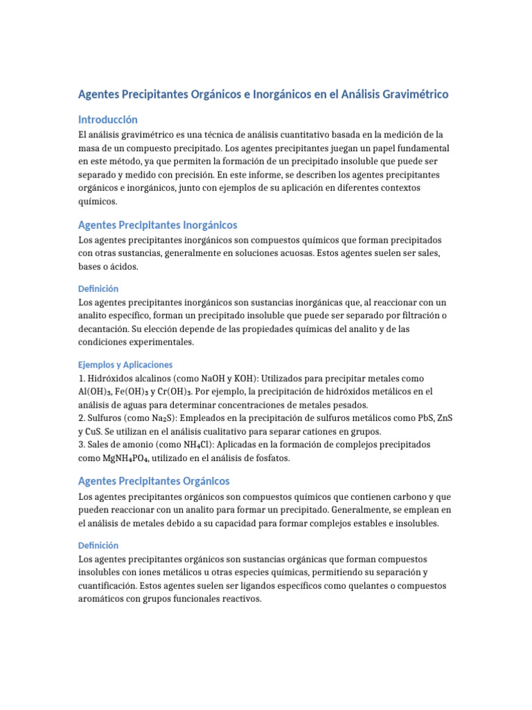 Agentes Precipitantes en Análisis Gravimétrico | PDF | Precipitación ...