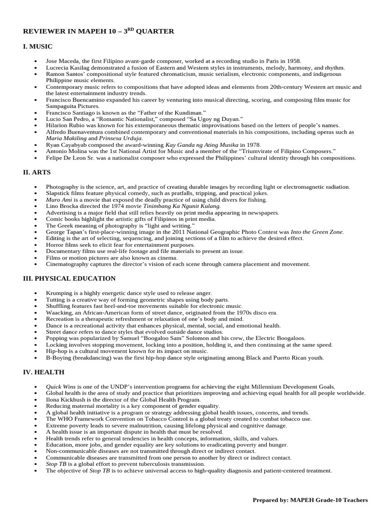 MAPEH 10: Music, Arts, PE & Health | PDF | Tuberculosis | Global Health