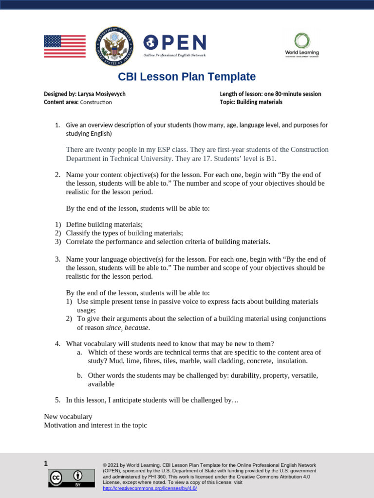 CBI Lesson Plan: Building Materials | PDF | Building Materials | Lesson ...