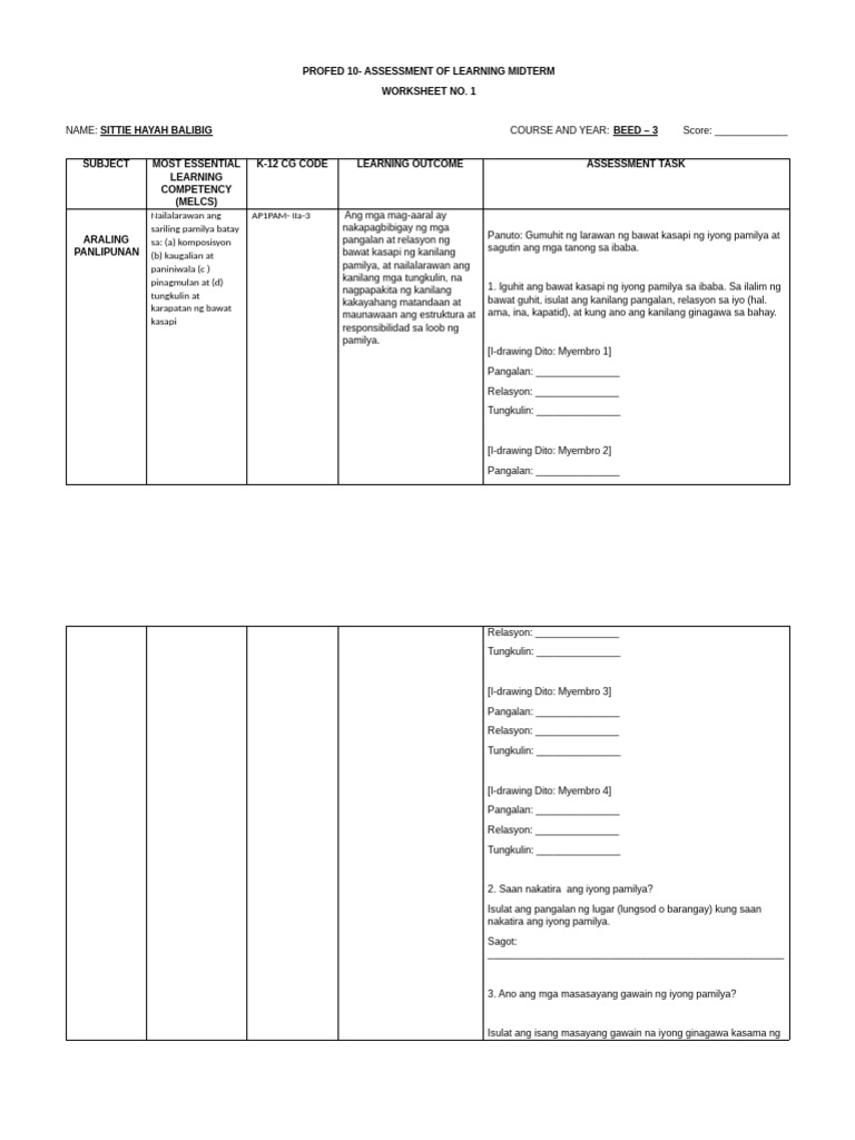 Profes 10 Worksheet Actual | PDF
