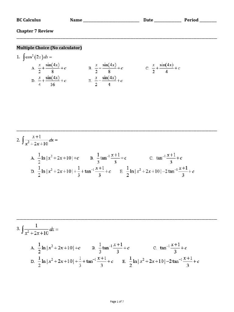 BC CALC Unit 7 Review - Integration by Parts, Trig Integration, Partial ...