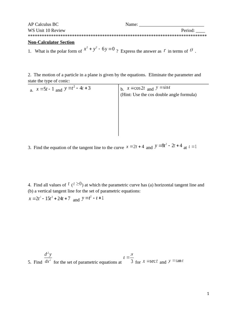 BC CALC Unit 10 Review - Parametric & Polar | PDF | Tangent | Line ...