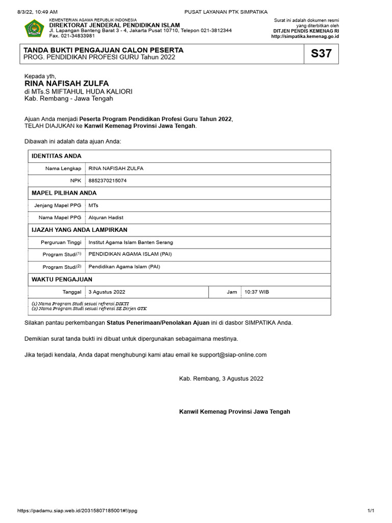 Surat Ajuan Ppg (Rina Nafisah Zulfa) | PDF