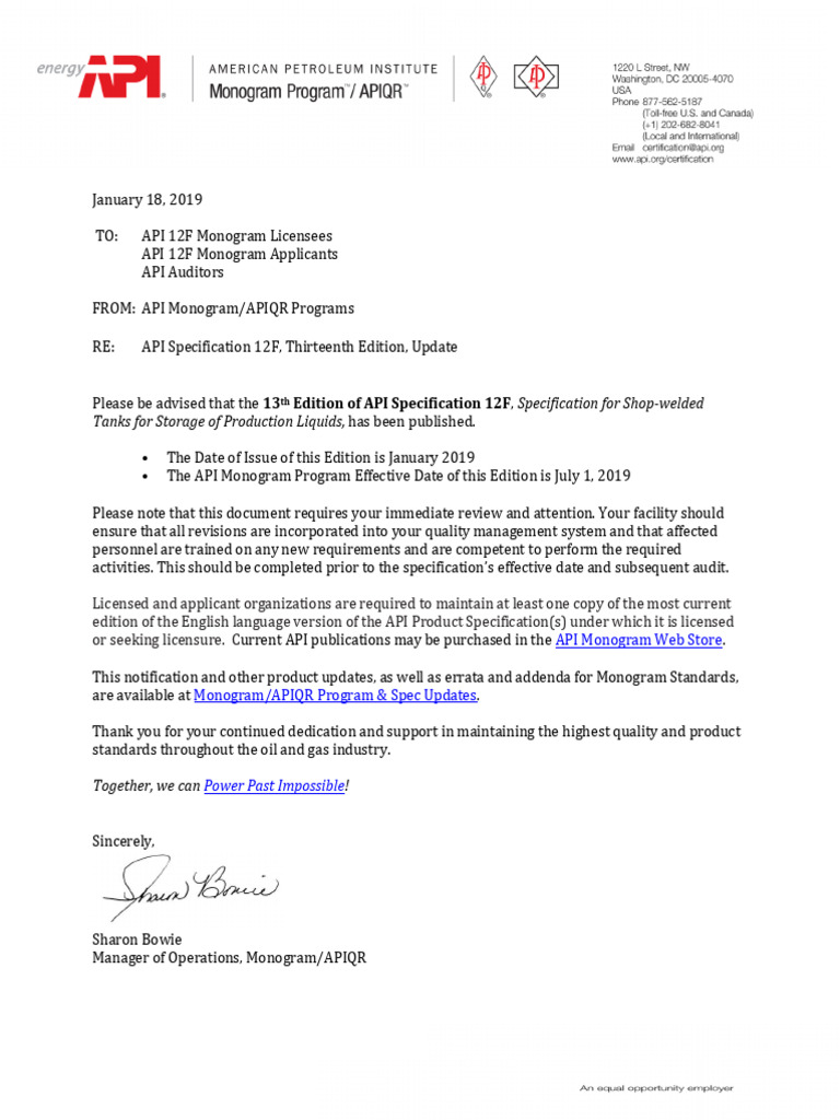 API 12F Specification Update Notice | PDF