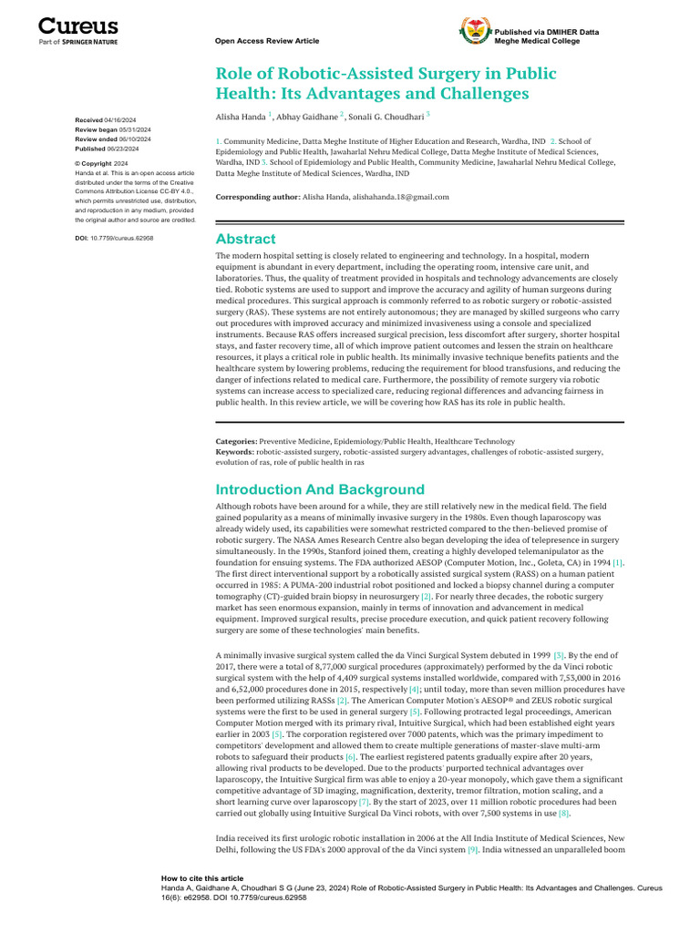 Role of Robotic-Assisted Surgery in Public | PDF | Surgery | Clinical ...
