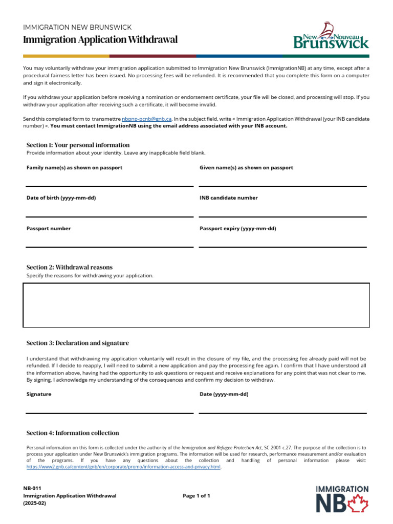 NB Immigration Application Withdrawal | PDF | Passport | Immigration