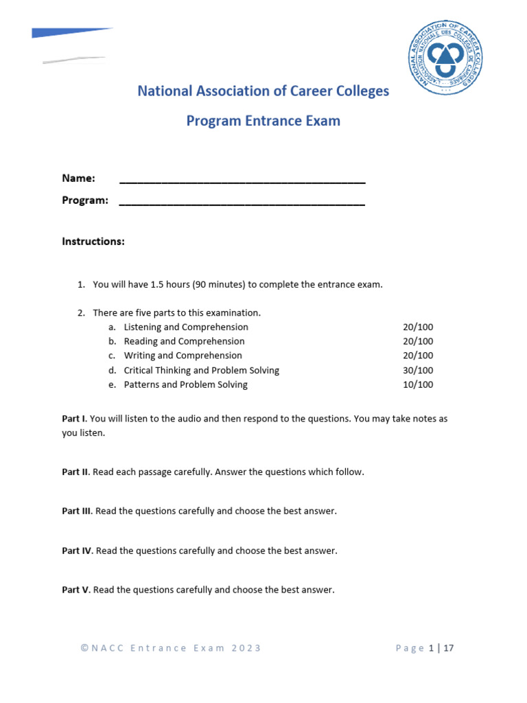 NACC Entrance Exam - Student | PDF | Marie Curie | Métis