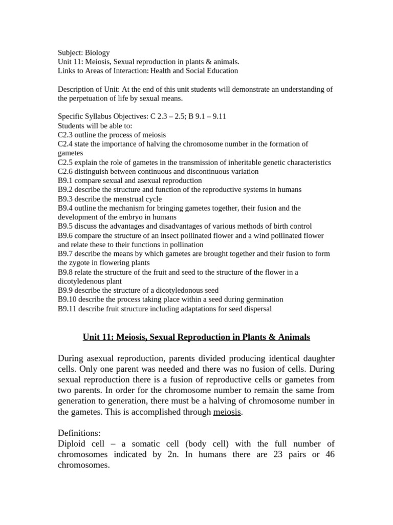 Biology Unit 11 - Meiosis Sexual Repro 2020 Notes | PDF | Meiosis | Flowers