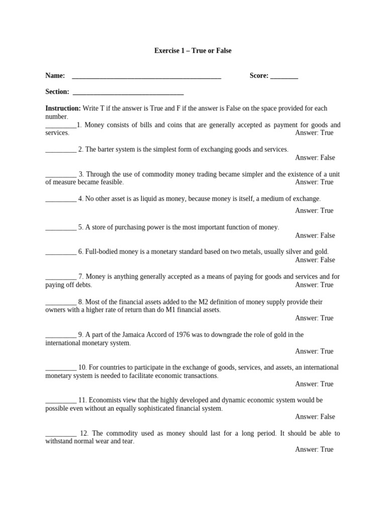 Money Concepts: True/False & MCQ Exercises | PDF | Money | Money Supply