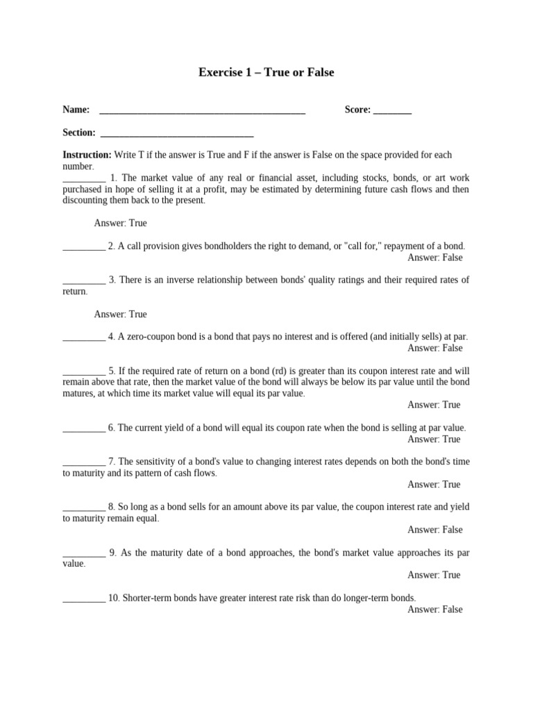 True or False: Bond Fundamentals Quiz | PDF | Bonds (Finance) | Yield ...