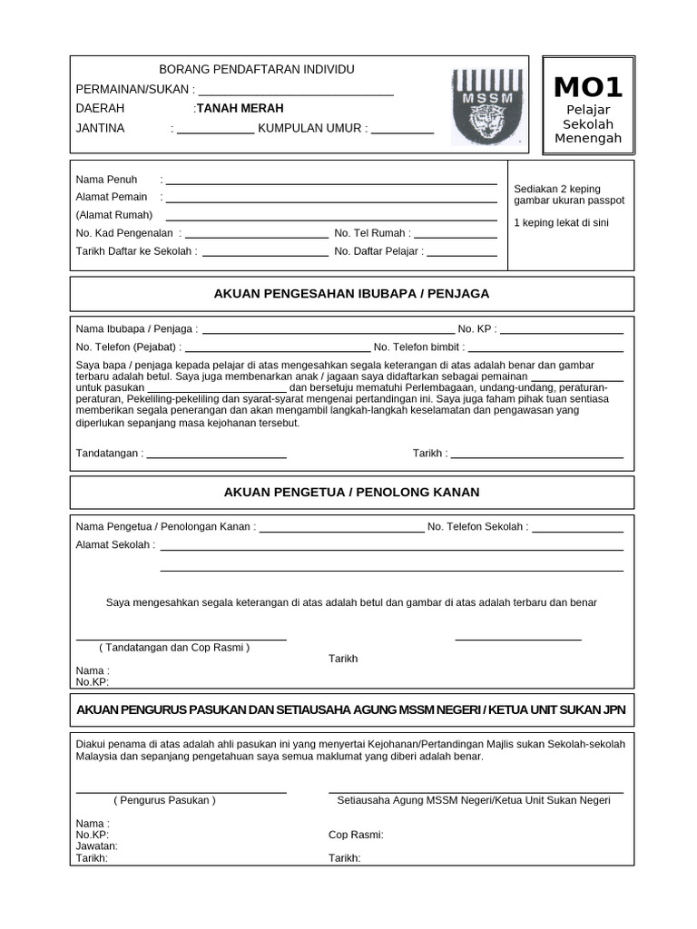 M01 Dan R01 (Borang Pendaftaran Individu Olahraga MSSK) | PDF