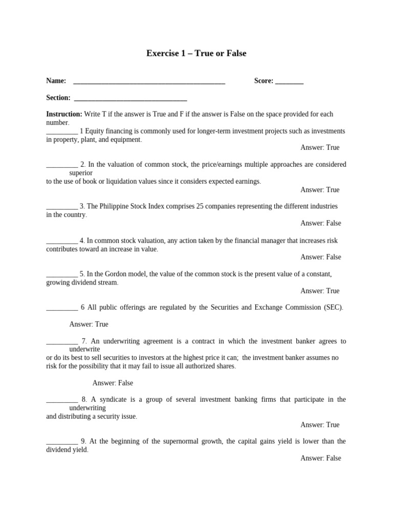Stock Market True/False and MCQ Quiz | PDF | Stocks | Securities (Finance)