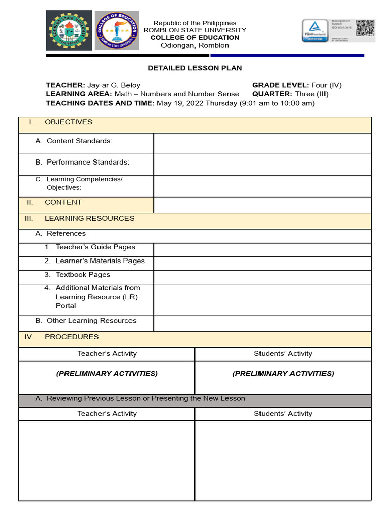 Grade 4 Math Lesson Plan Overview | PDF | Teachers | Lesson Plan