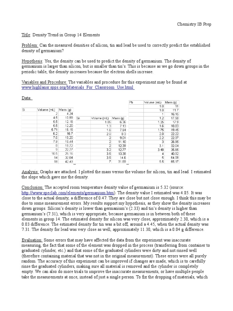Predicting the Density of Germanium Through Trend Analysis of Group 14 ...