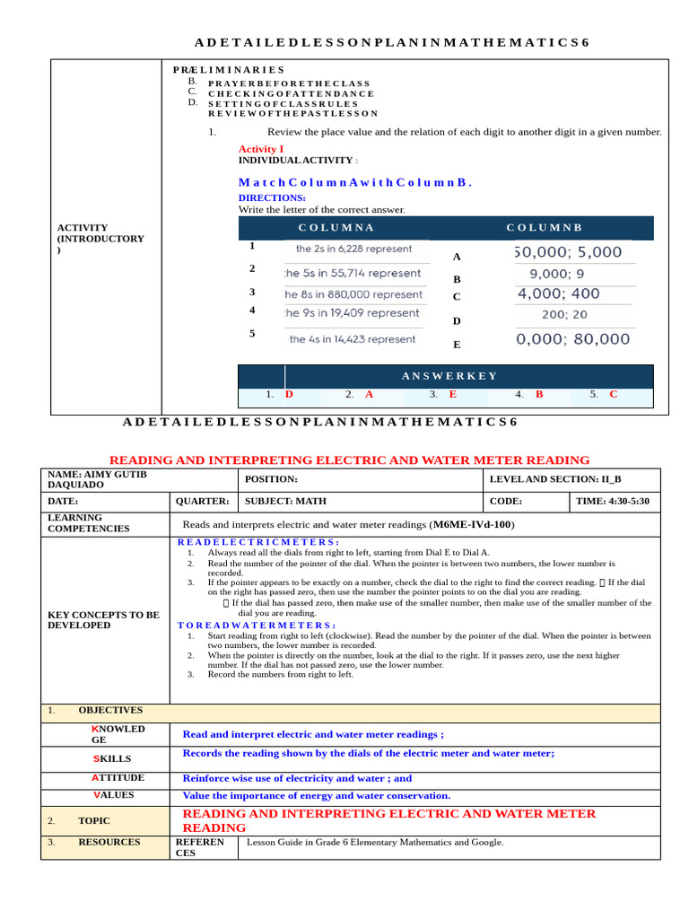 Grade 6 Lesson Plan: Meter Readings | PDF | Water