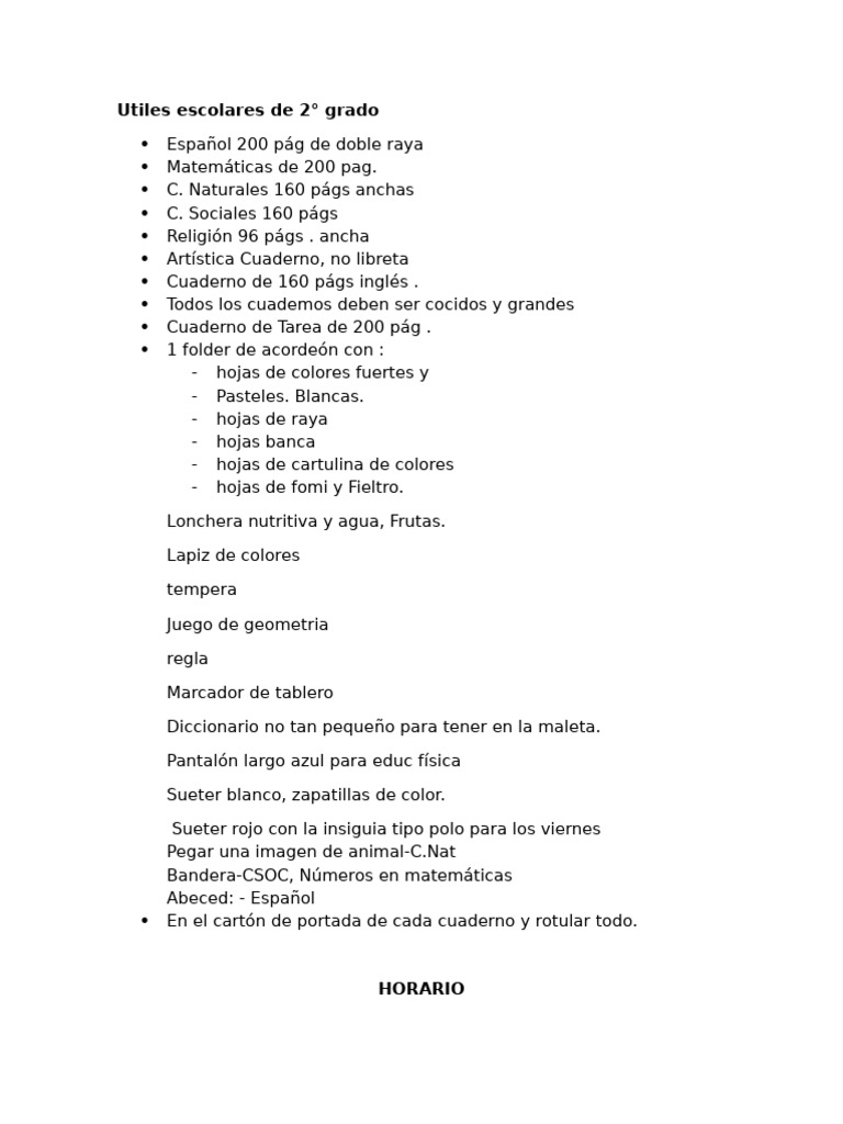 Utiles y Horario Escolar de 2° | PDF