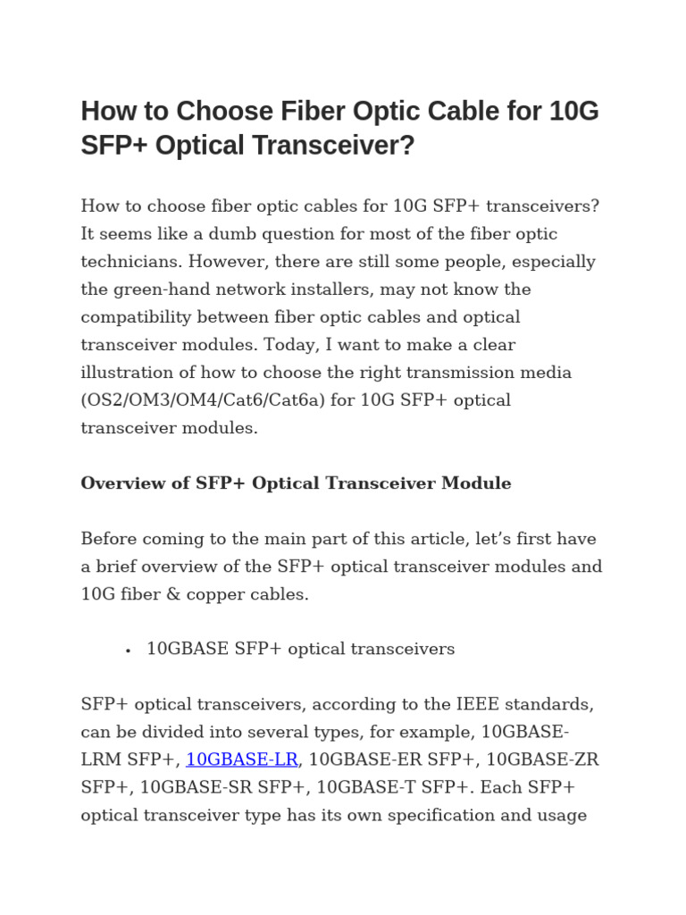 Choosing Fiber Optic Cables for 10G SFP+ | PDF | Wavelength Division ...