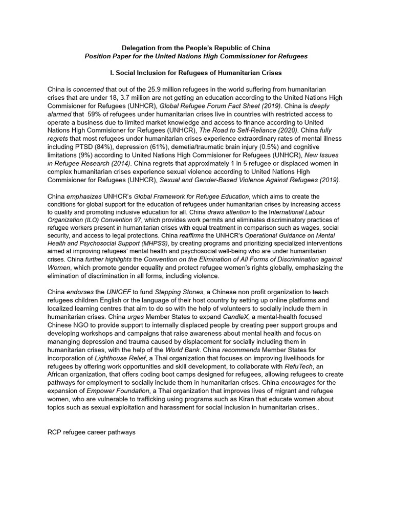China Position Paper | PDF | Refugee | United Nations High Commissioner For Refugees