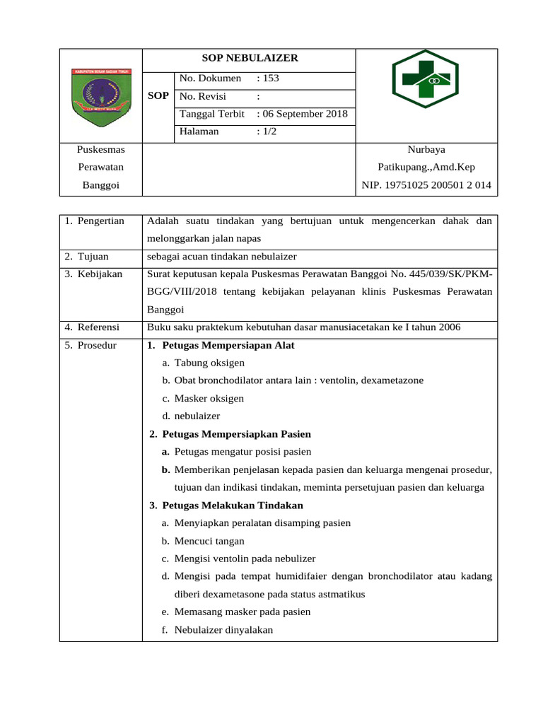 SOP Tindakan Nebulizer Puskesmas | PDF