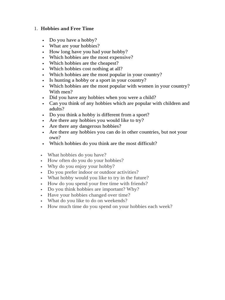Hobbies and Free Time Discussion Questions | PDF | Hobbies