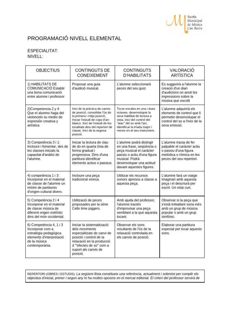 Programació Violoncel B2 | PDF
