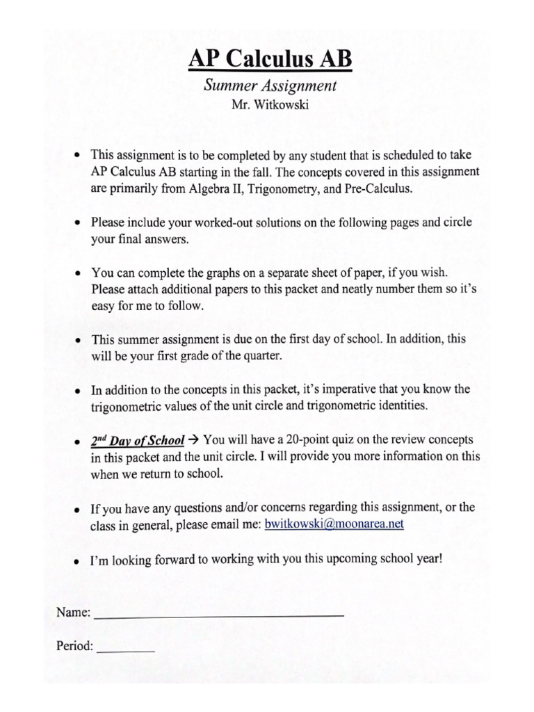 AP Calculus AB Summer Assignment Updated | PDF