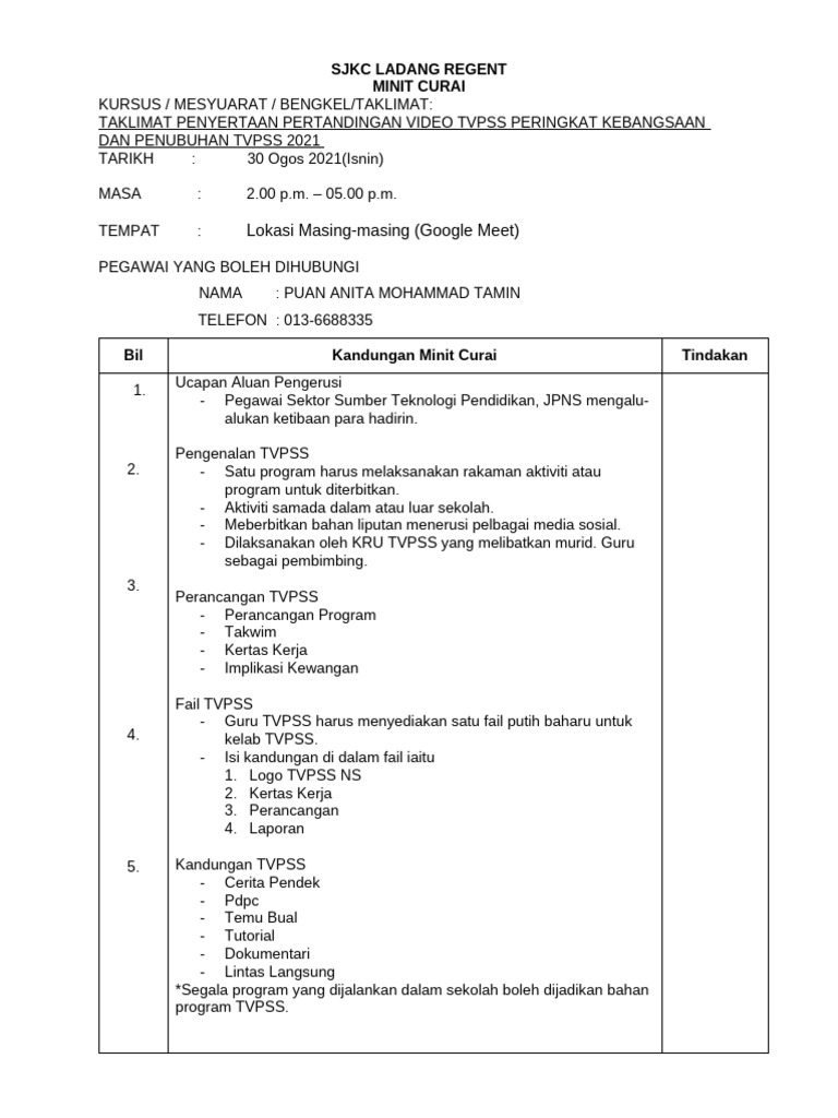 Minit-Curai Taklimat TVPSS | PDF