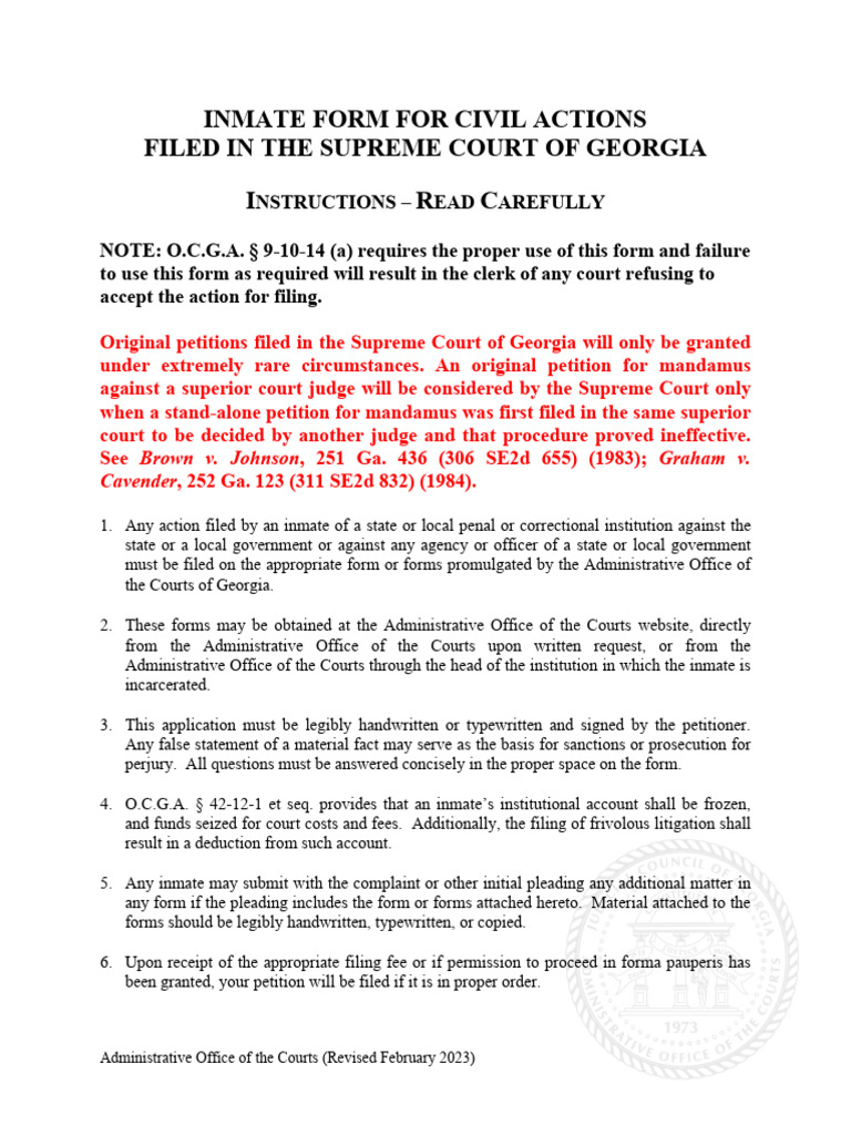 Inmate Civil Action Form - Georgia Supreme Court | PDF | Lawsuit | Plea