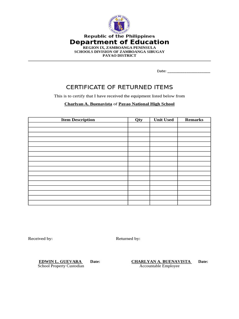 Certificate of Returned Items - Payao District | PDF