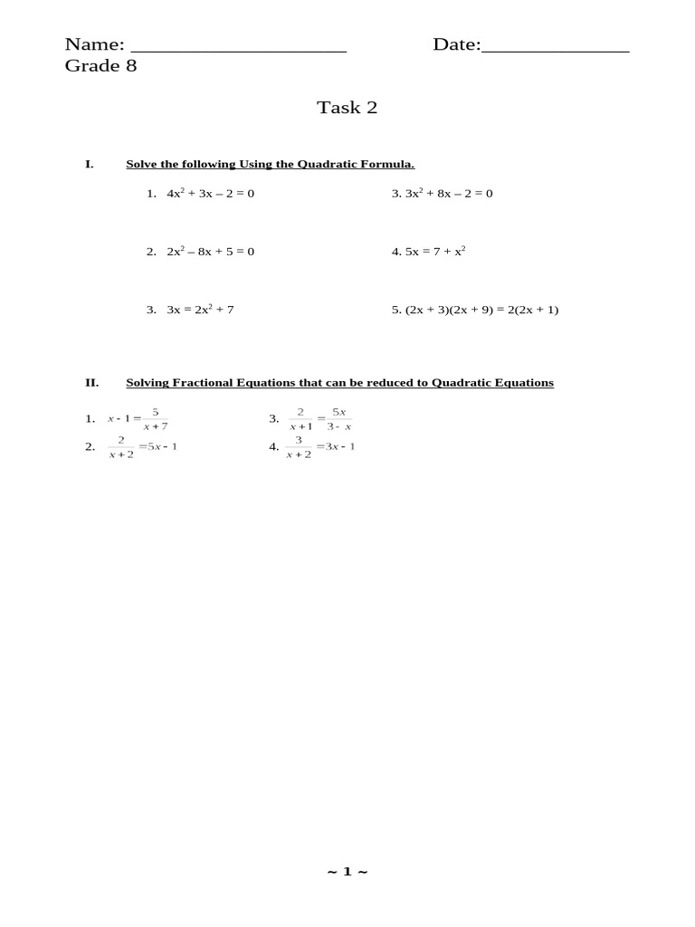 Worksheet Grade8 Quadraticequationtask2 | PDF