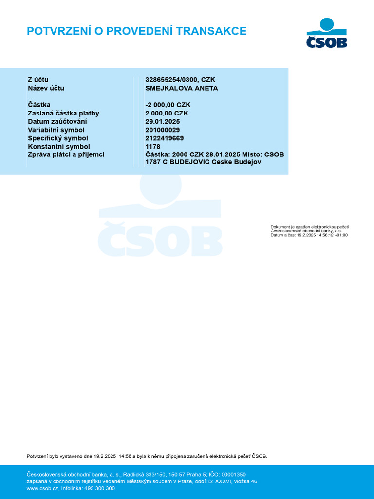 Csob Potvrzeni o Transakci | PDF
