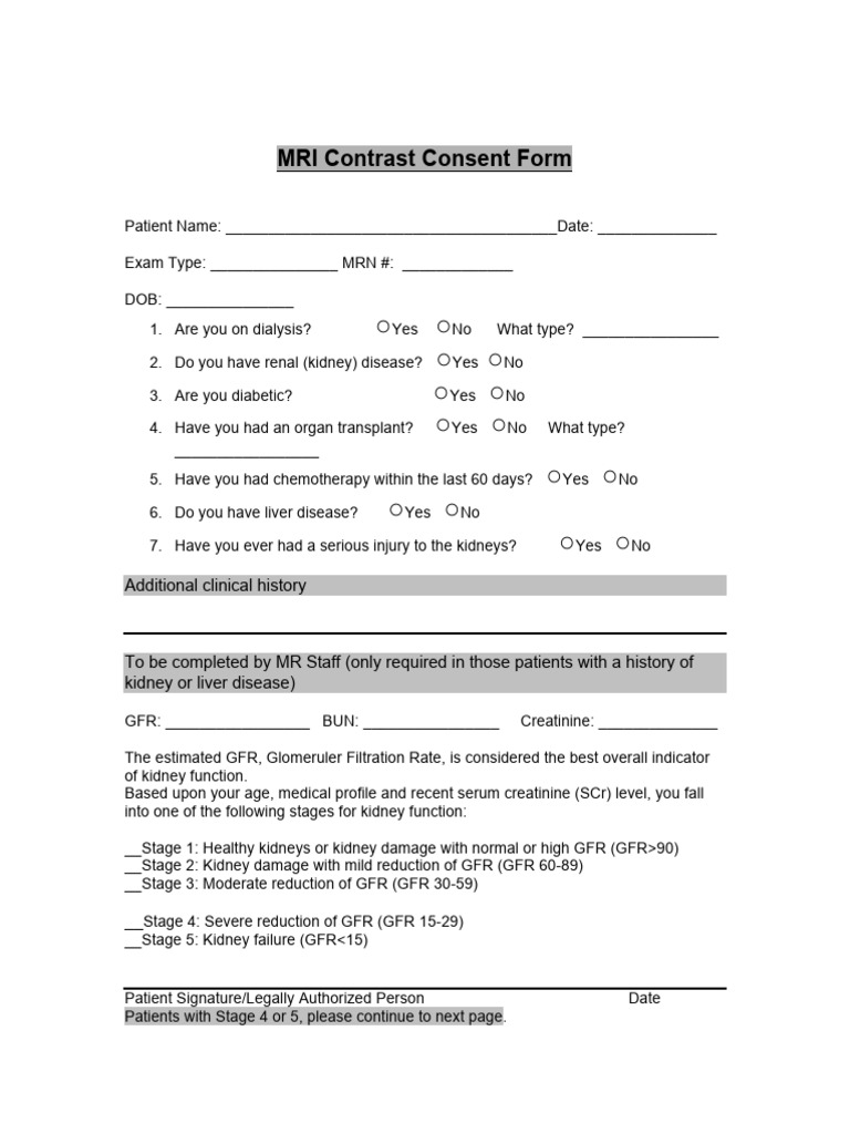 Mri Gadolinium Consent Form | PDF | Kidney | Organ (Anatomy)