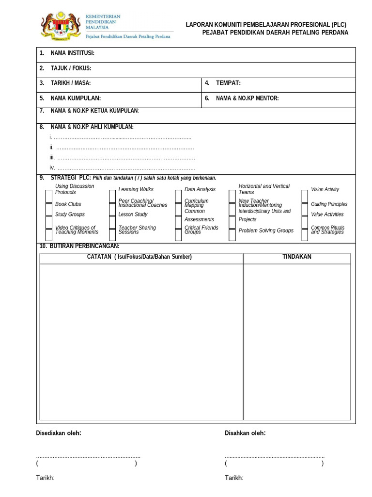 Borang Pelaporan Pelaksanaan PLC | PDF