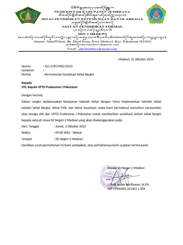 Surat Permohonan Sosialisasi Gizi | PDF