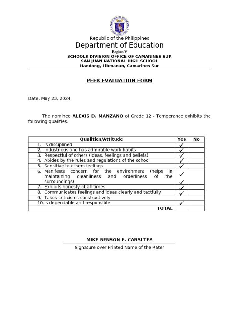 Peer Evaluation for Alexis Manzano | PDF