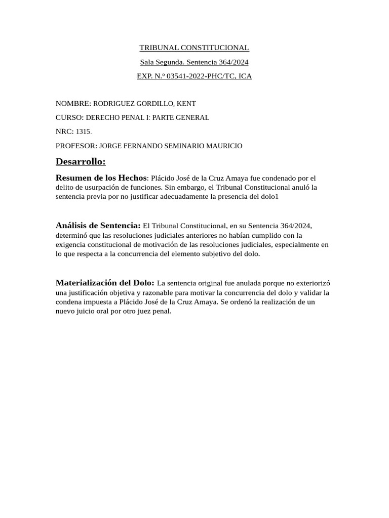 Elemento Subjetivo Del Tipo Penal Kent Rodriguez Gordillo | PDF