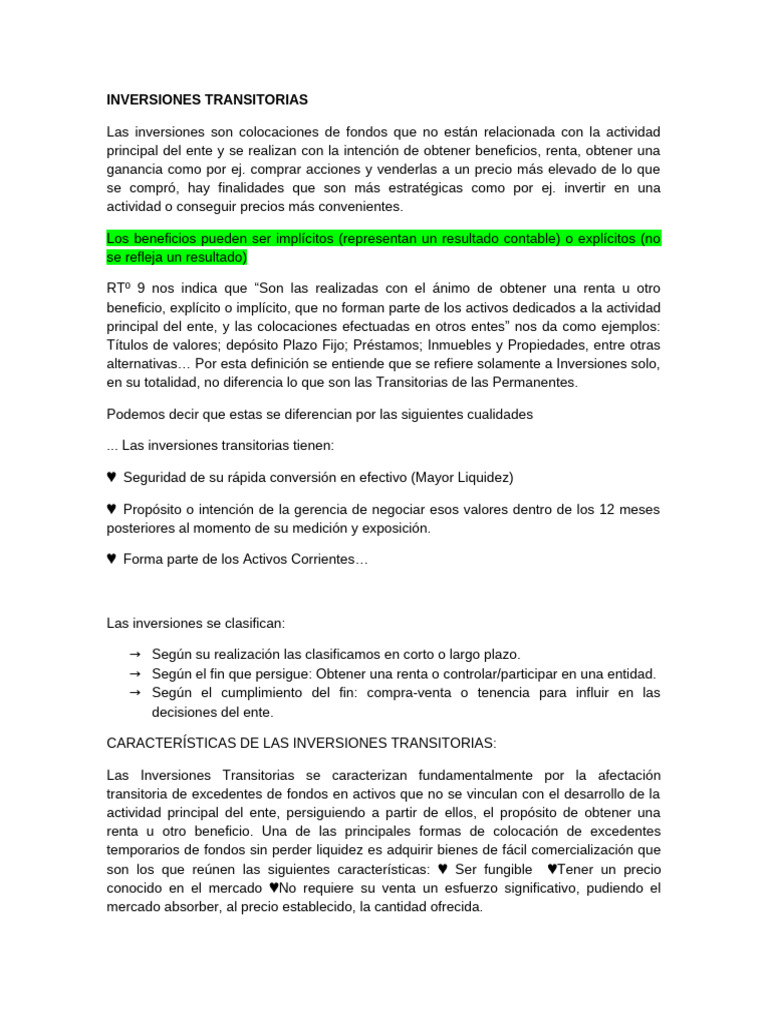 Inversiones Transitorias: Características y Tipos | PDF | Compartir ...