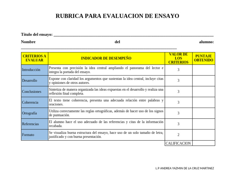 Rubrica para Evaluacion de Ensayo | PDF | Ensayos | Evaluación