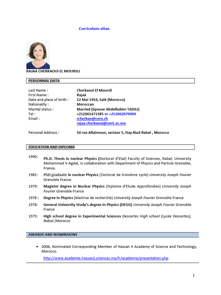 Cherkaoui El Moursli Rajaa CV 2018 | PDF | Atlas Experiment | Large Hadron Collider
