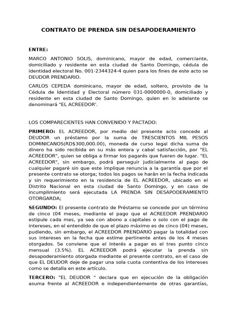 Contrato de Prenda Sin Desapoderamiento | PDF | Pagos
