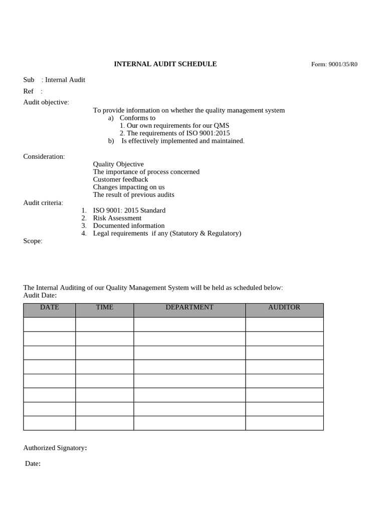 Internal Audit Schedule for QMS | PDF