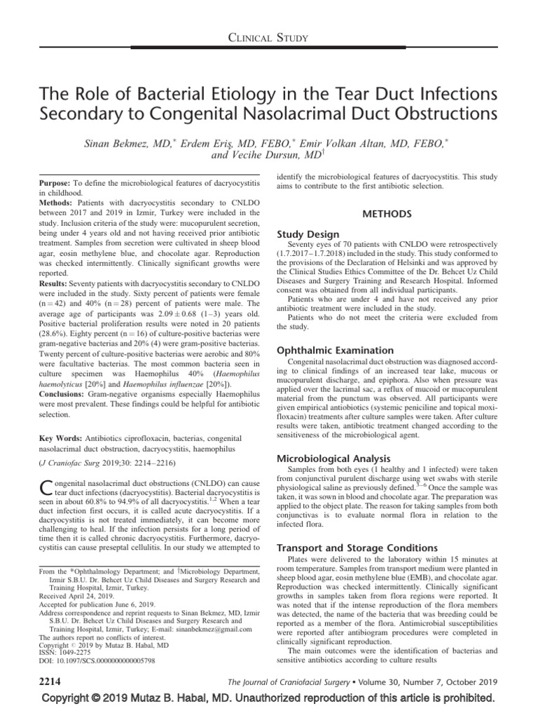The Role of Bacterial Etiology in The Tear Duct Infections Secondary To ...