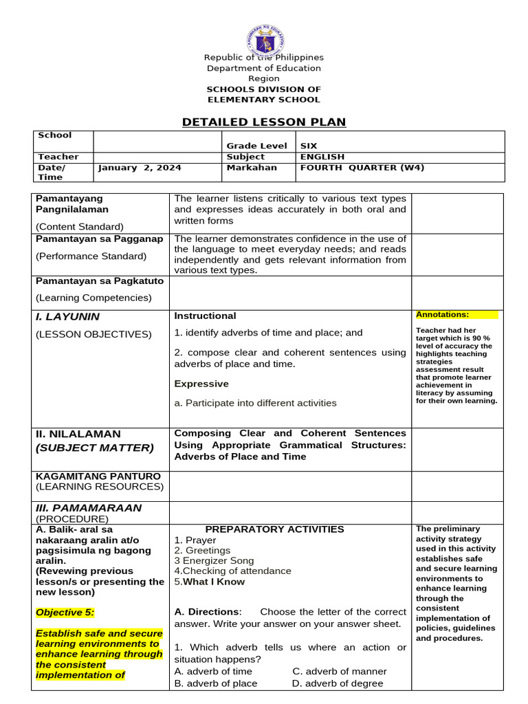 COT-ENGLISH 6 Q4 W4 - Adverbs of Place and Time | PDF | Learning | Cognition