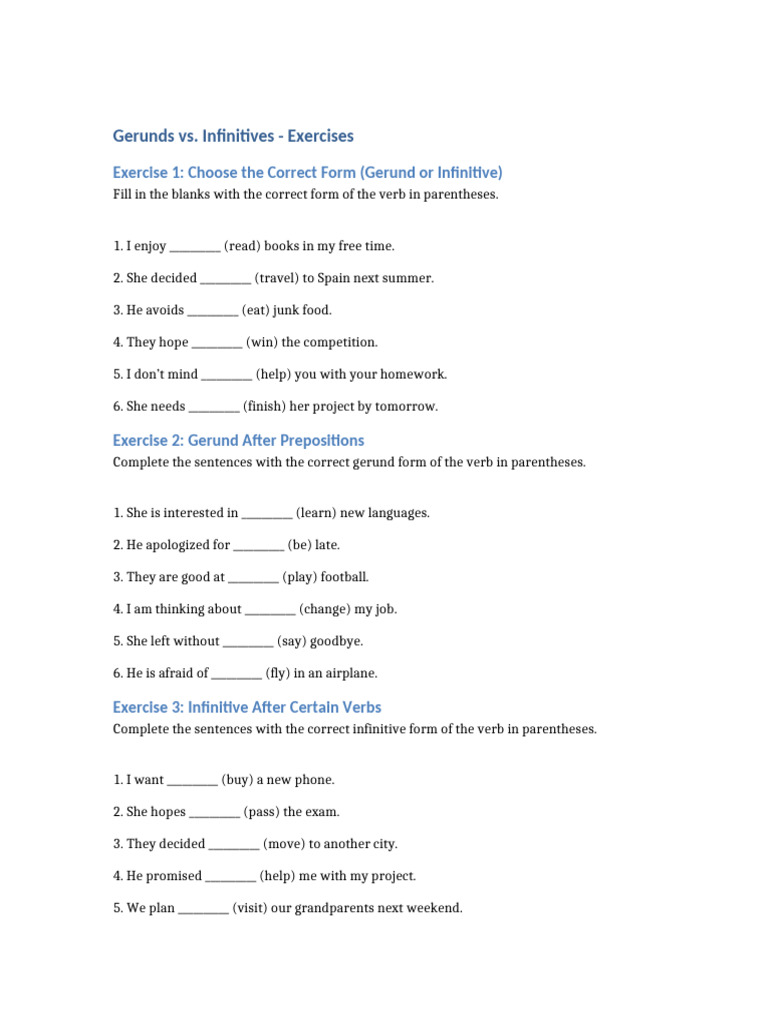 Gerunds Vs Infinitives Exercises | PDF | Semantic Units | Language ...