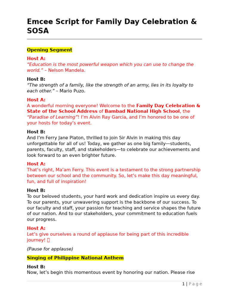 Emcee Script for Family Day Celebration | PDF