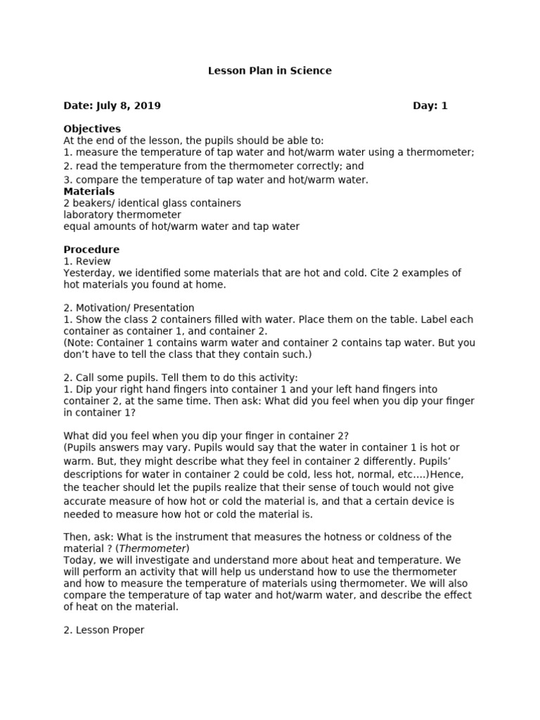 Science Lesson Plan: Temperature Measurement | PDF | Thermometer | Water