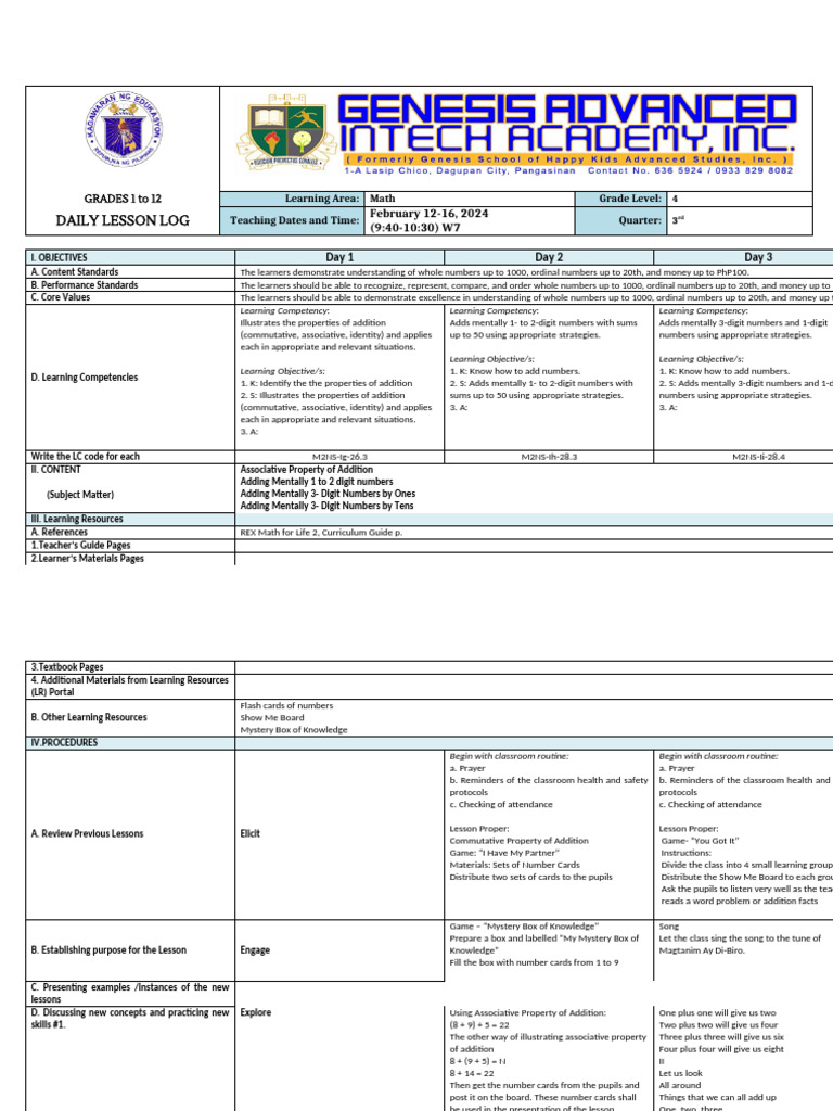 DLL-Math 4-W7-Q3 | PDF | Learning | Curriculum
