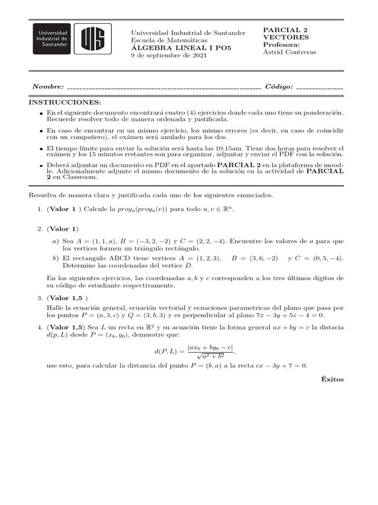 PARCIAL - 2 - PO5 - Algebra Lineal 1 | PDF | Ecuaciones | Geometria clasica