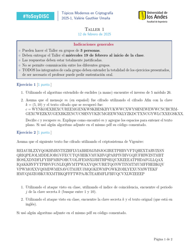 Taller 1 - criptografía | PDF | Clave (criptografía) | Cifrado