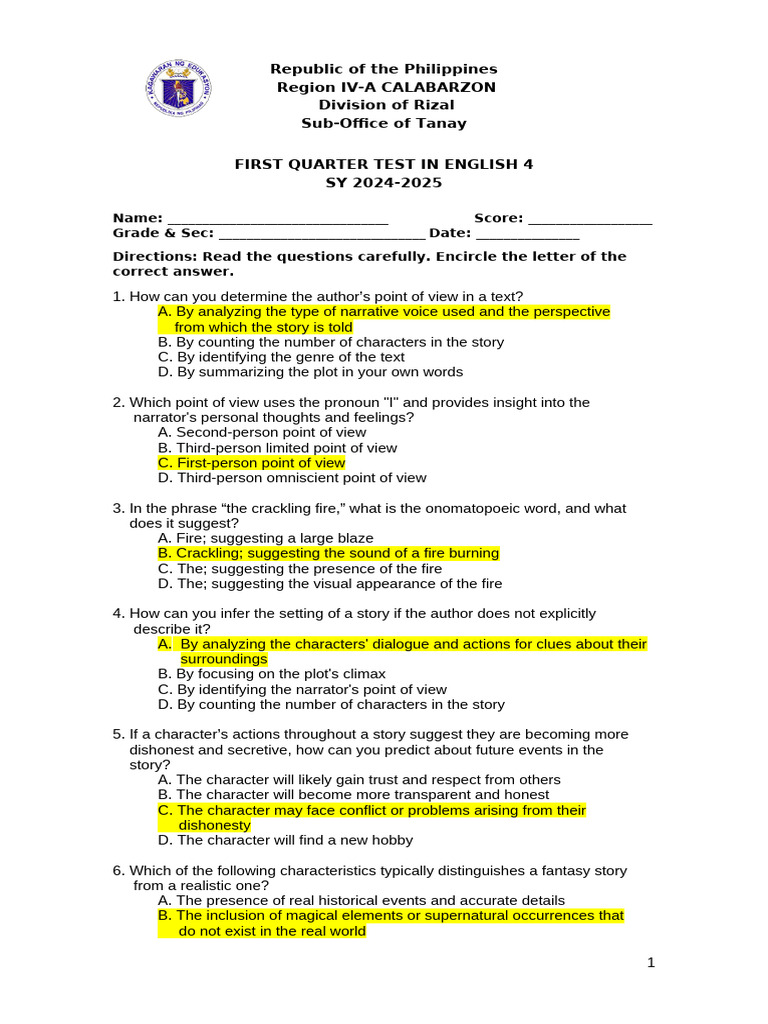 ENGLISH 4 QUARTER 1 TEST With Answer | PDF | Narration | Word